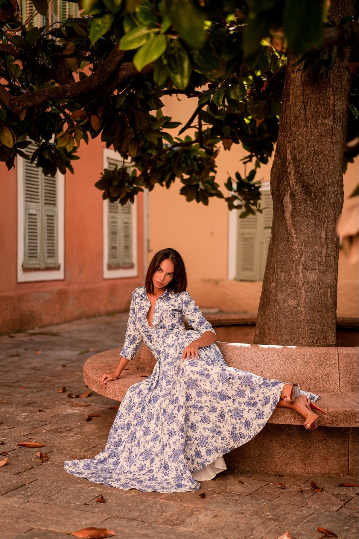 Linen Maxi Skirt & Shirt Set (Delft Blue) | Aavelle